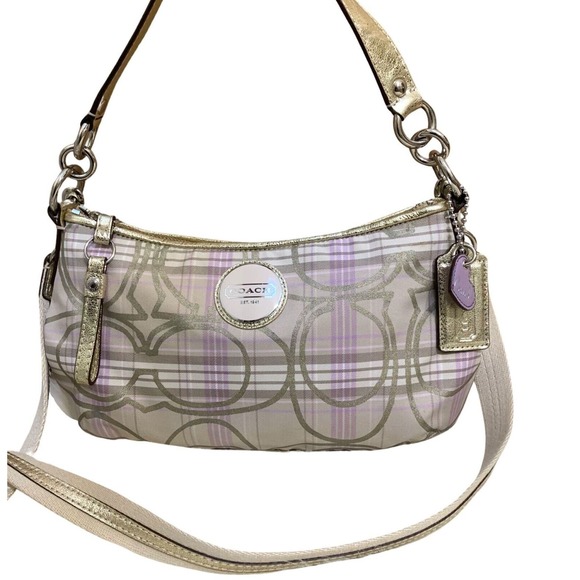 Coach | Bags | Coach Lavender Gold Outline Signature Tartan Plaid Hippy ...